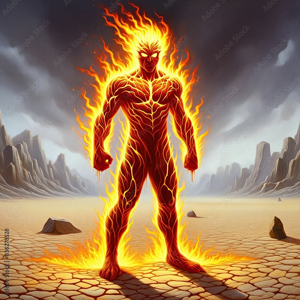 A menacing fire elemental. Fire-magma-lava golem in a hostile, barren ...