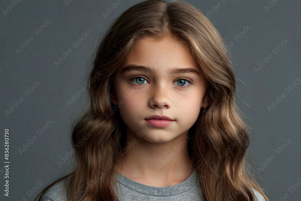 Face of perfect teen chic lady model 13 year old posing at gray ...