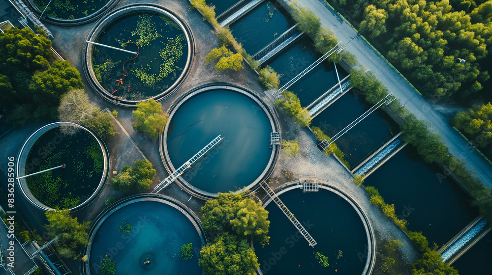 Aerial view of wastewater treatment plant, effluent and wastewater ...