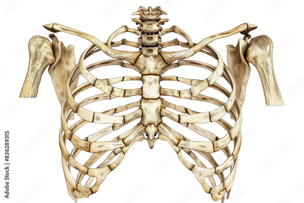 Human rib cage, sternum and shoulder bones, anterior view, transparent ...
