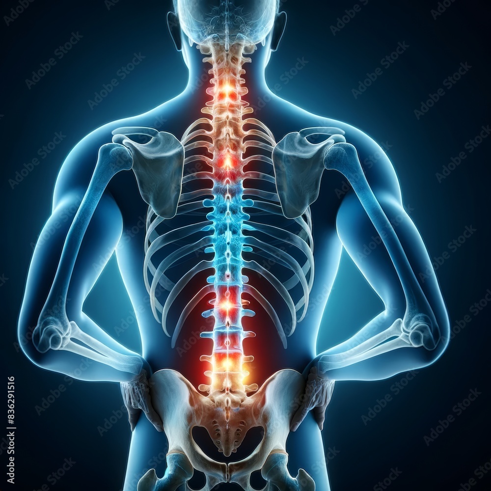 A medical illustration showing an x-ray, medical, x-ray, back, pain ...