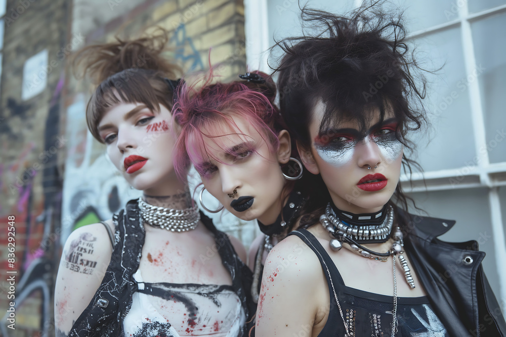 Edgy goth fashion with three women in dark makeup and leather jackets ...