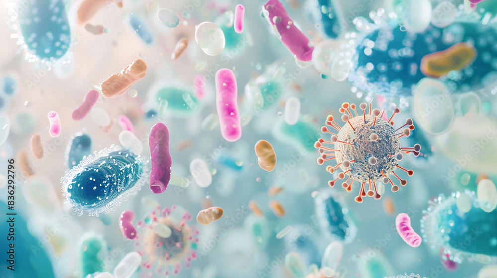 Abstract visualization of probiotics and gram positive bacteria mixed ...