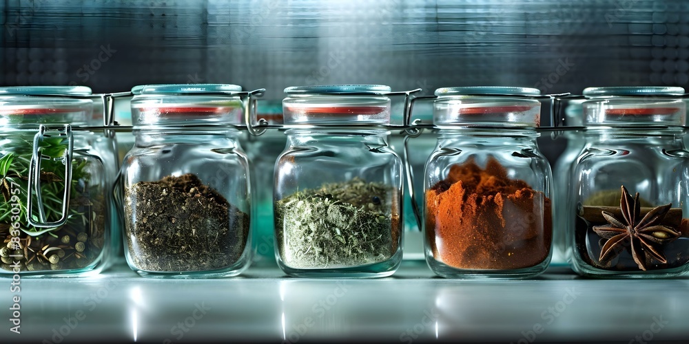 Efficient food quality lab with neatly organized spices in glass jars ...