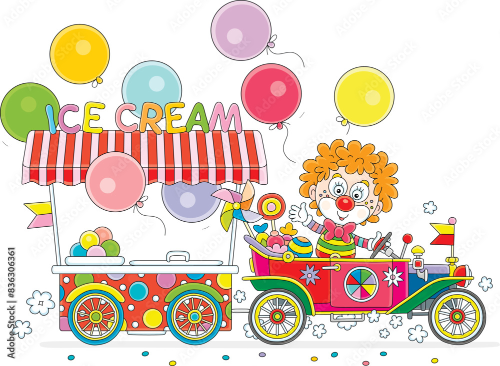 Funny circus clown driving his colorful retro toy car with a street ice ...