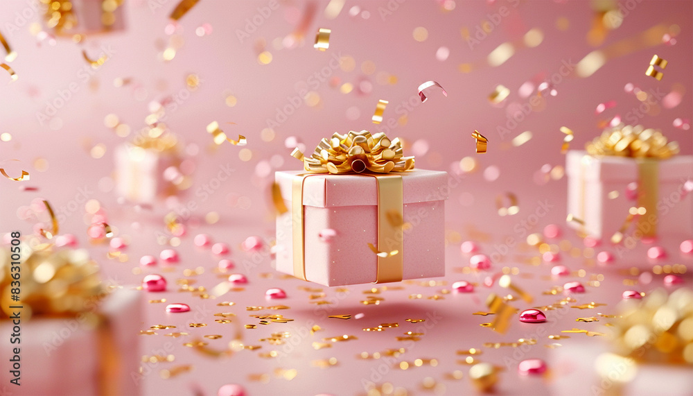 ภาพประกอบสต็อก Pink gift box with golden ribbon bow levitating on ...
