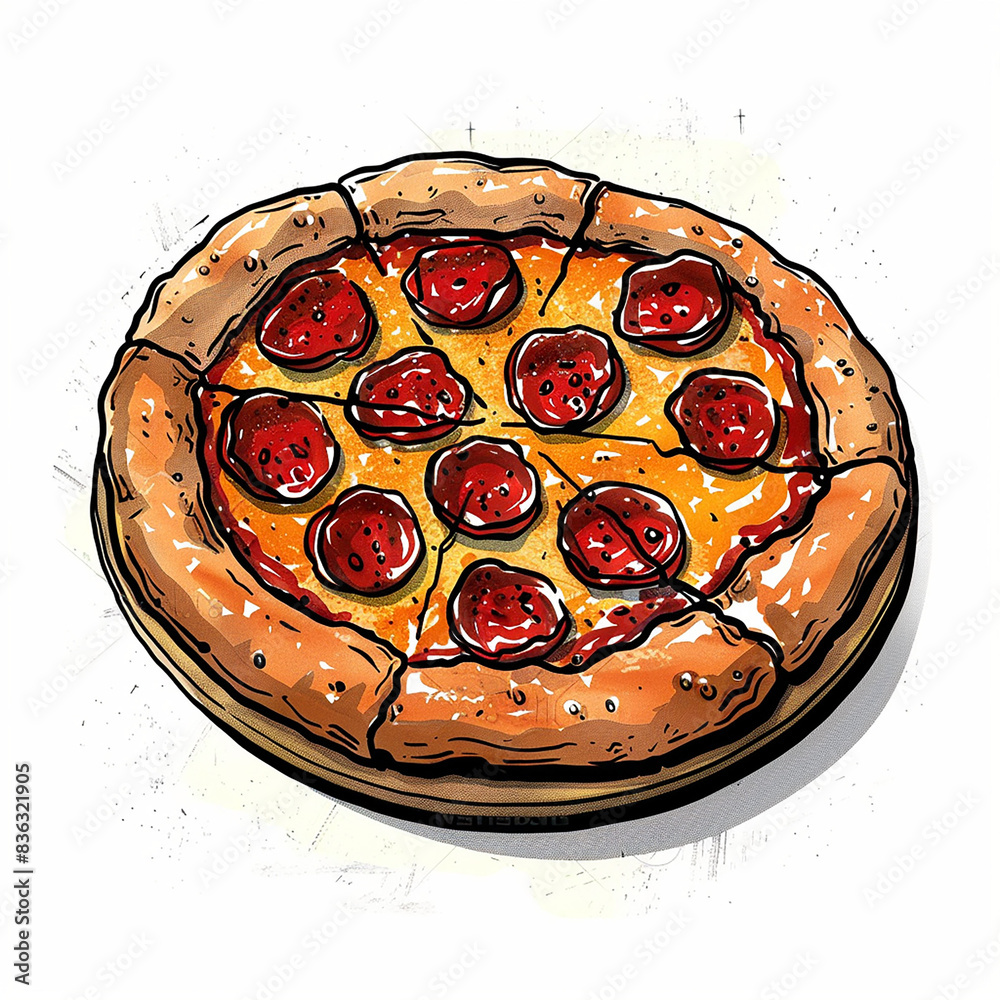 Defined cartoon illustration of a pepperoni cheese pizza pie on white ...
