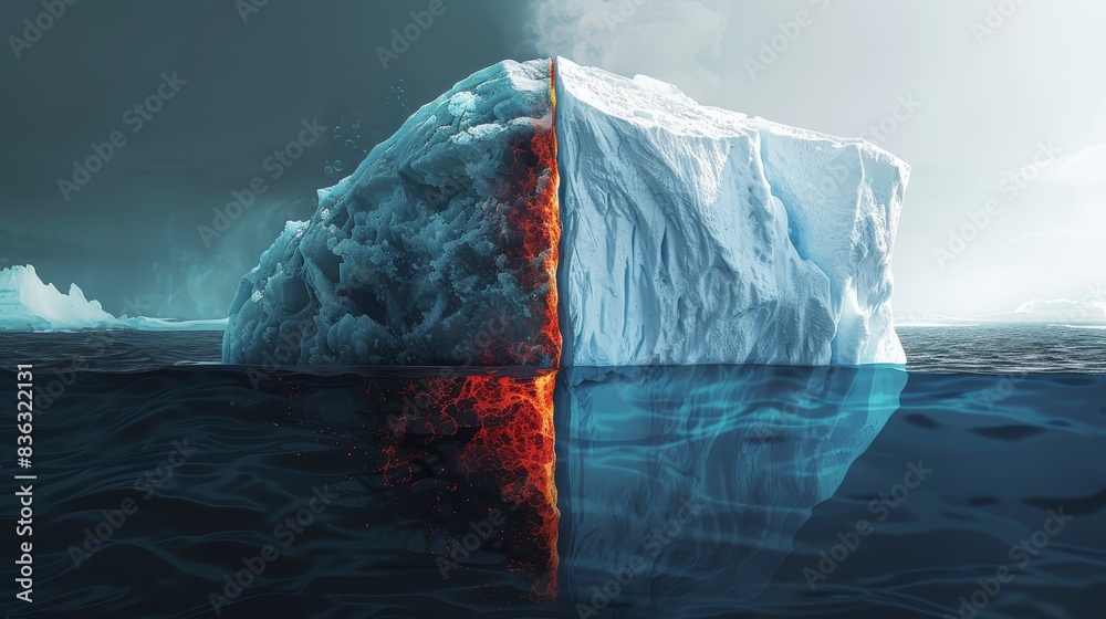 Half iceberg, half lava flow illustration, emphasizing the striking ...