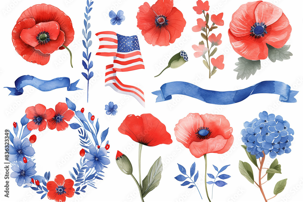 Watercolor 4th of July set with traditional symbols of national day ...