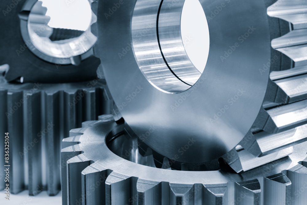A close up of three gears with one of them being the largest. The other ...