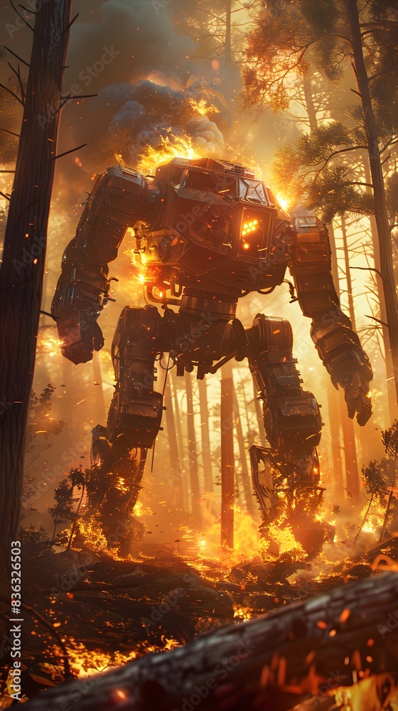 Create a futuristic mech robot battling a raging wildfire in a dense ...