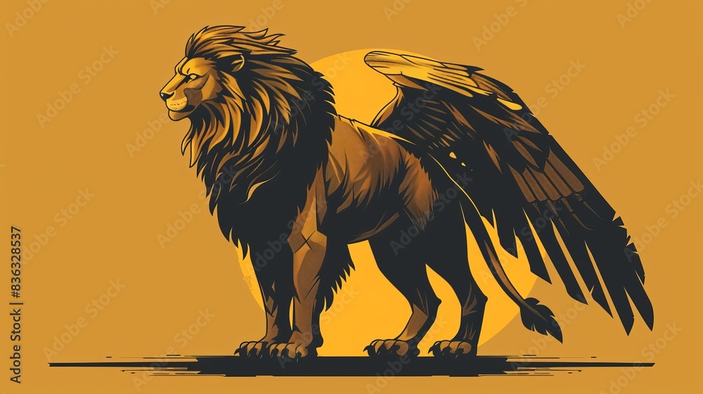 Majestic and fierce half lion, half eagle creature illustration, with a simple background to ...