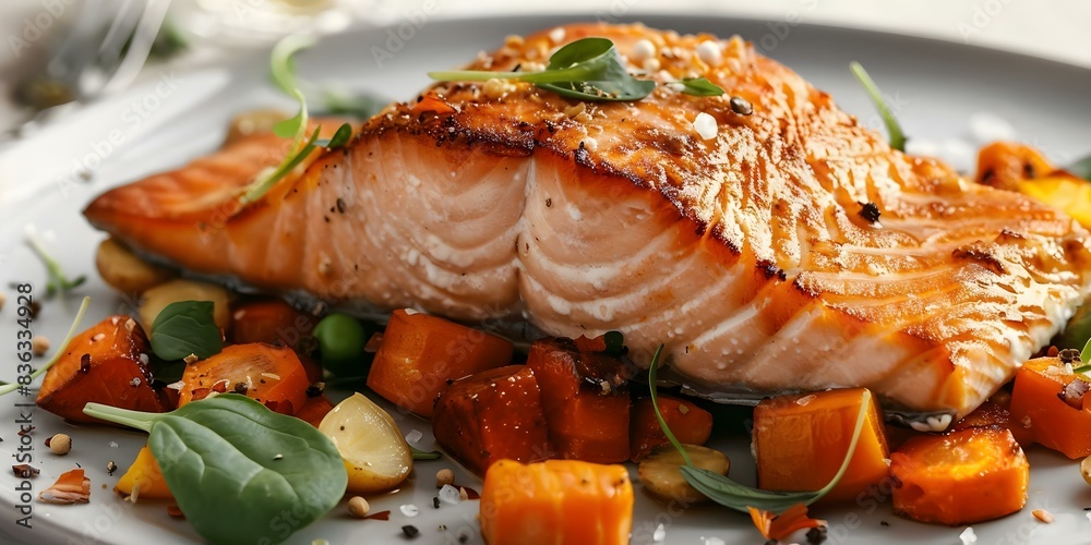 Perfectly seared salmon on a bed of vegetables crispy skin invitingly ...