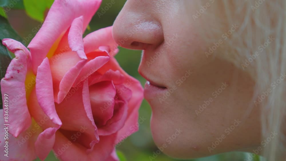 Woman sniffing big red rose on tree with closed eyes close-up ...