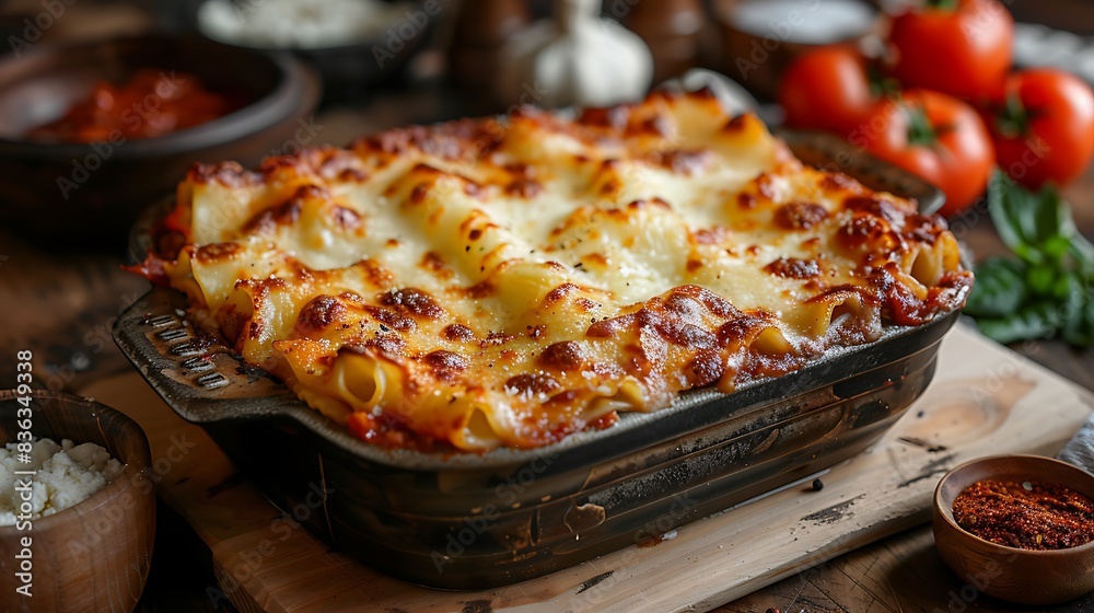 An overhead shot of a freshly baked lasagna, showcasing the golden ...