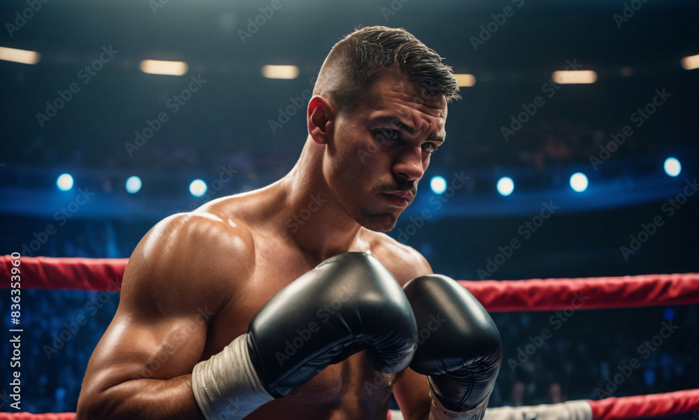 Cinematic portrait of bare-chested professional male boxer in a boxing ...