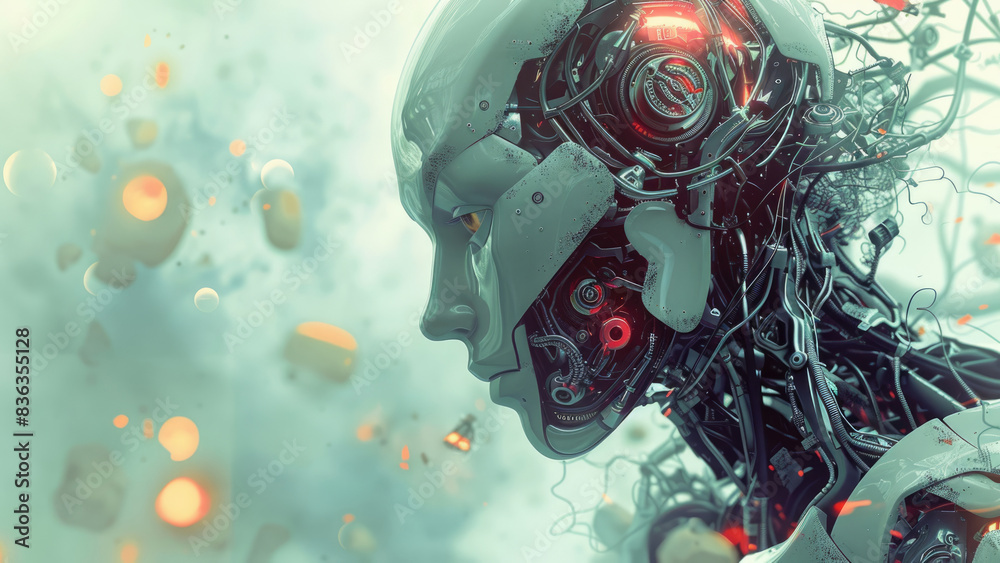 Futuristic Cyborg with Exposed Mechanics and Glowing Red Lights in Sci ...