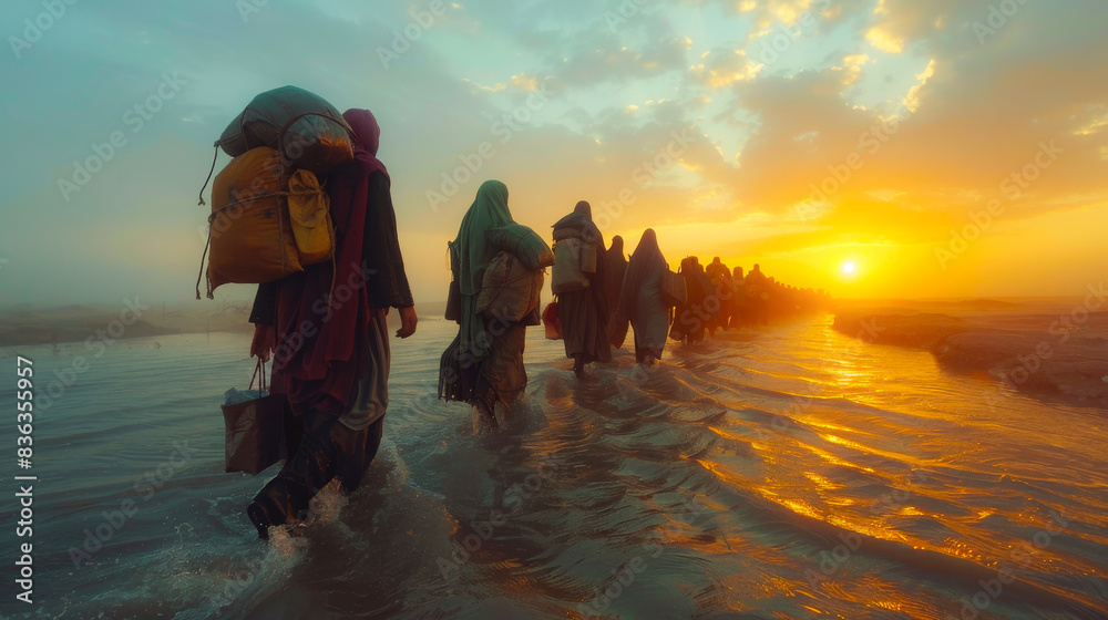 Refugees Crossing Border to Safety. Refugees crossing a border into ...