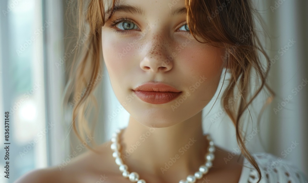 A young and radiant model with flawless skin, wearing a pearl necklace ...