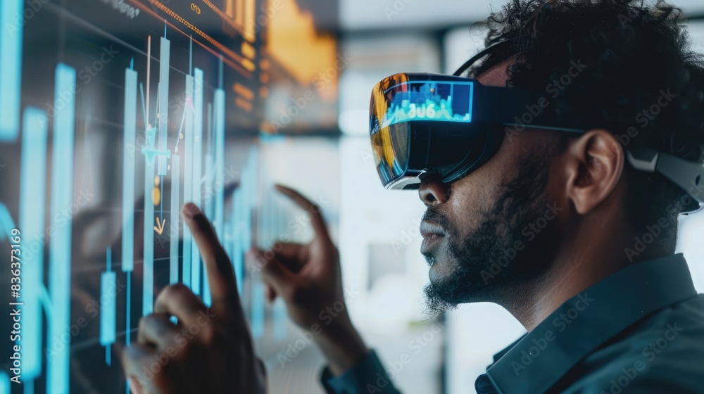 Professional using augmented reality glasses to interact with floating consumer data graphs in ...