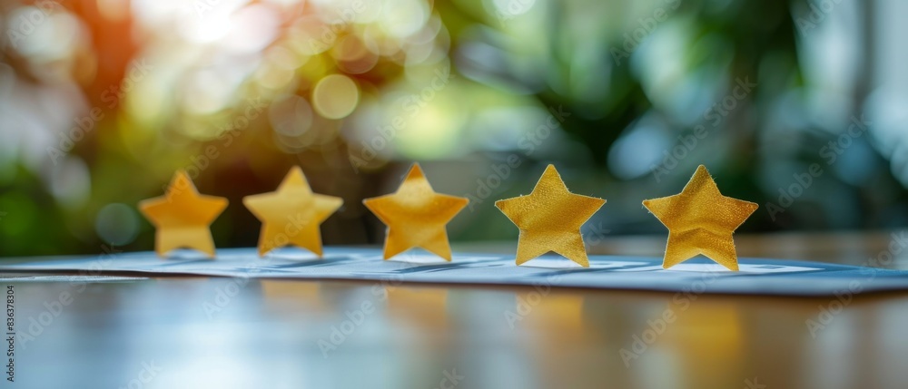 Five yellow stars on a surface with a blurred background, symbolizing ...