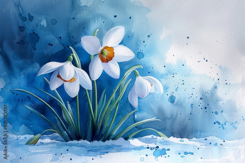 Watercolor illustration of snowdrop with floral border isolated on a ...