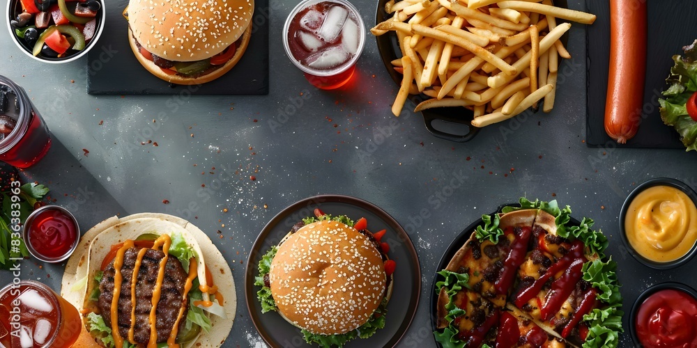 Flat lay of fast food items burger taco hot dog pizza fries drinks ...