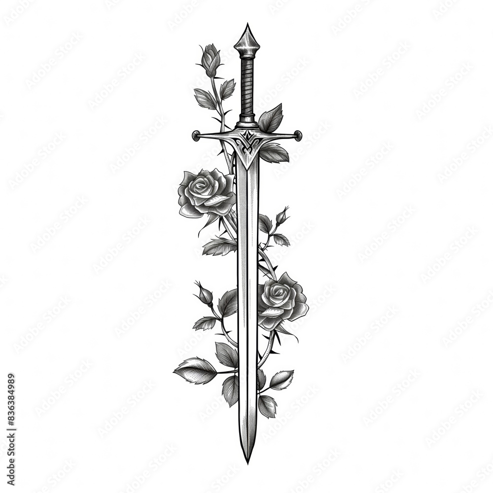 Black and white illustration of a sword entwined with roses. A detailed ...