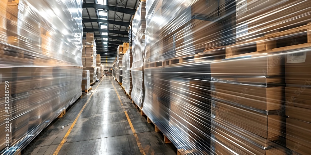 Warehouse storing cargo in pallet racks wrapped in plastic film for ...