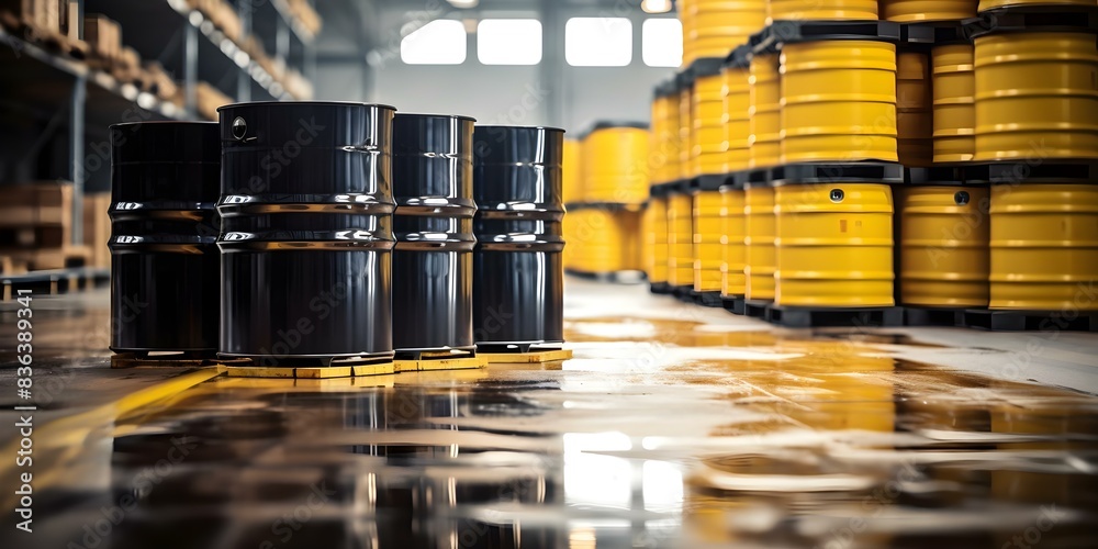 Industrial lubricant oils stored in barrels at manufacturing plant ...
