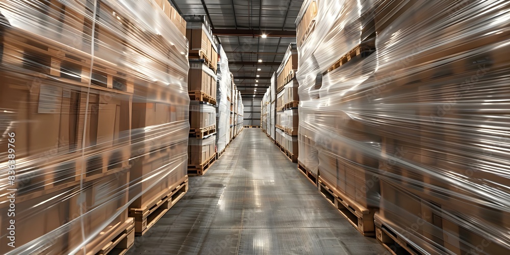 Protective plastic film wrapping cargo stored in pallet racks within a ...