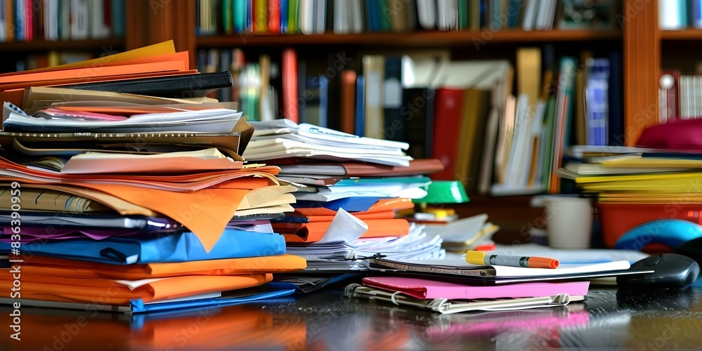Disorganized desk cluttered with papers notes and office supplies in ...