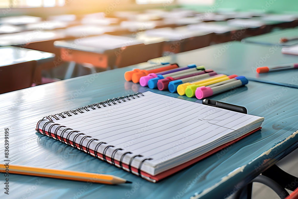 Top view of student desk in classroom. Blank notebook, a pencil, an ...