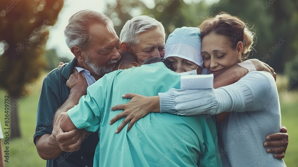 Healthcare team and family share a heartfelt group hug, symbolizing ...