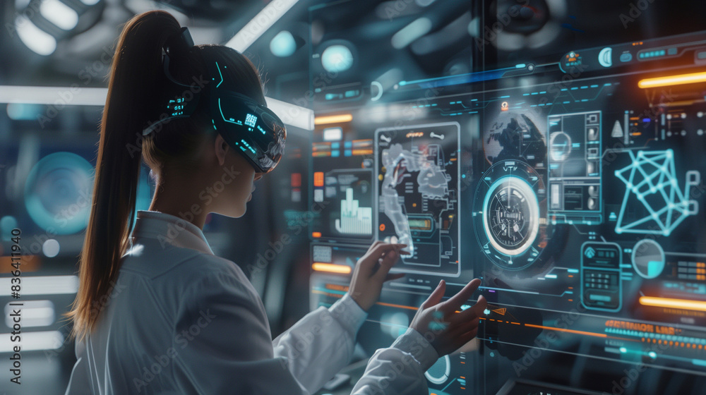 A futuristic setting where a woman, a tech innovator, works in a high ...