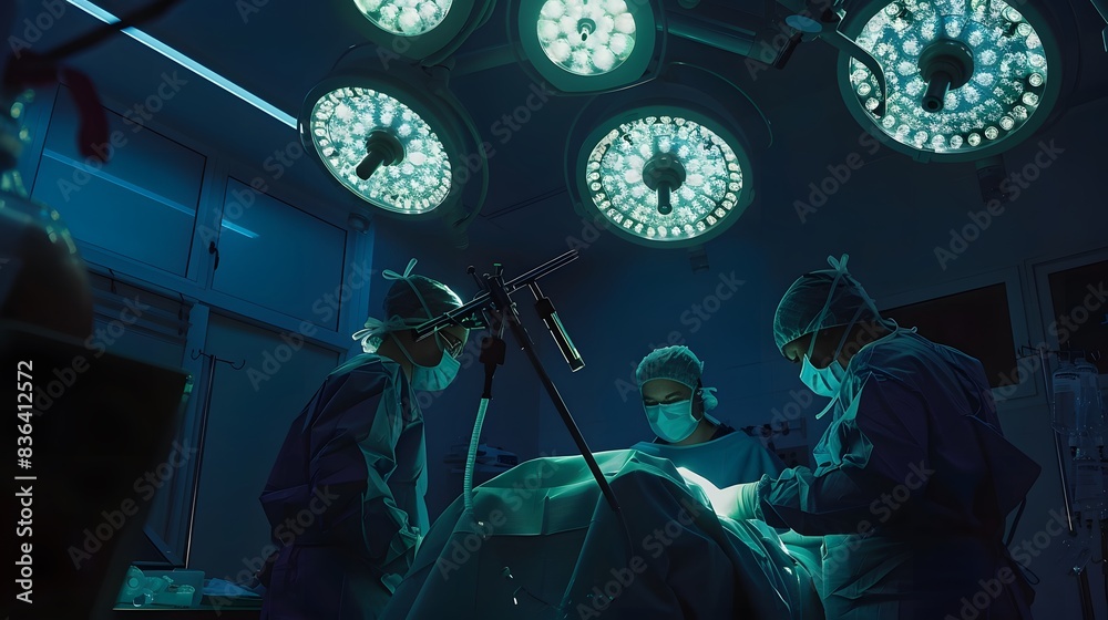 Medical team performs surgery in an operating room under bright ...