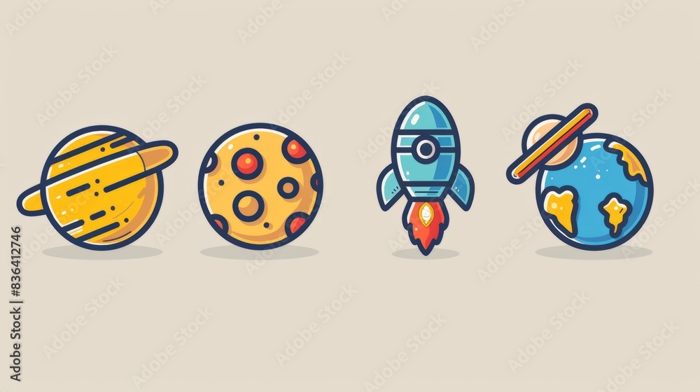 Icon set with science-related icons including asteroids, moon phases ...