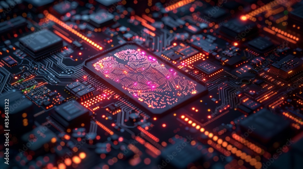 AI icon, chip brain, quantum computing, CPU, isometric cloud computing concept, data mining ...