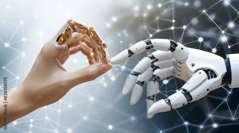 Invention of artificial intelligence. Robot hand touching human. A ...
