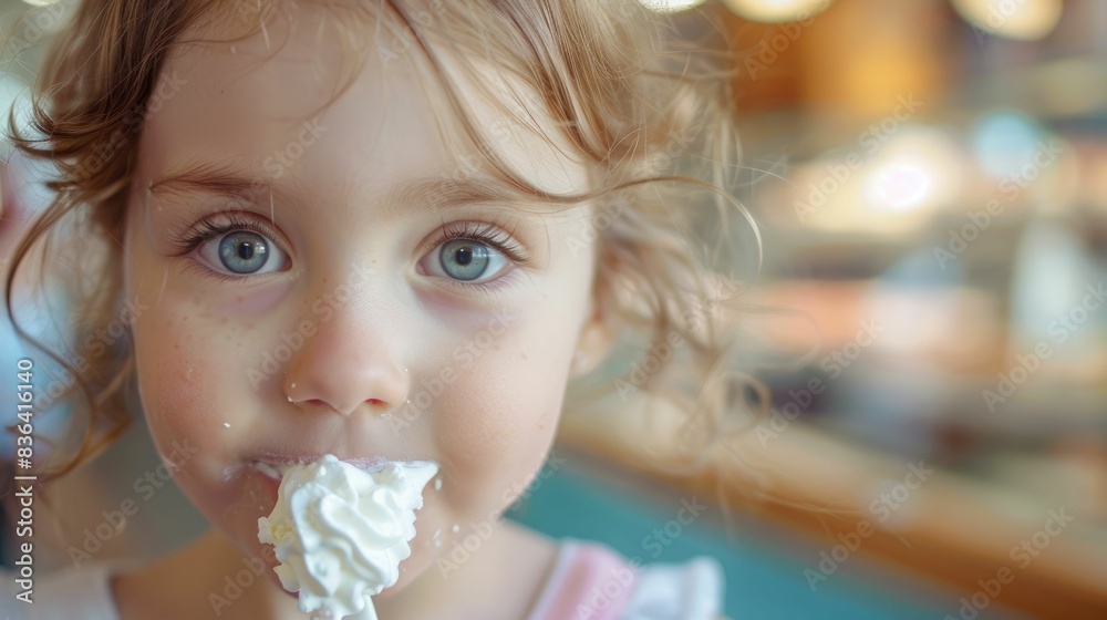 The little girls face is covered in frosting, with a smile on her mouth ...