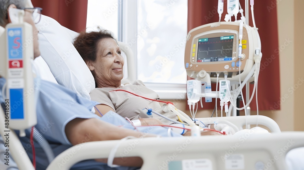 Senior woman receiving dialysis treatment, laying in a hospital bed ...