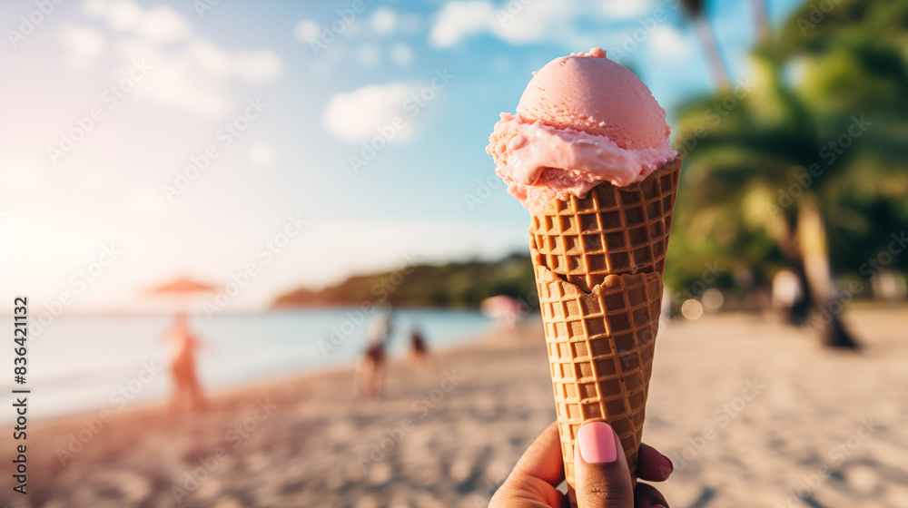 Glace à la fraise dans un cornet tenue à la main devant un arrière-plan ...