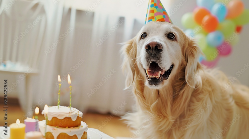 Adorable dog celebrating its birthday at home, wearing a birthday hat ...