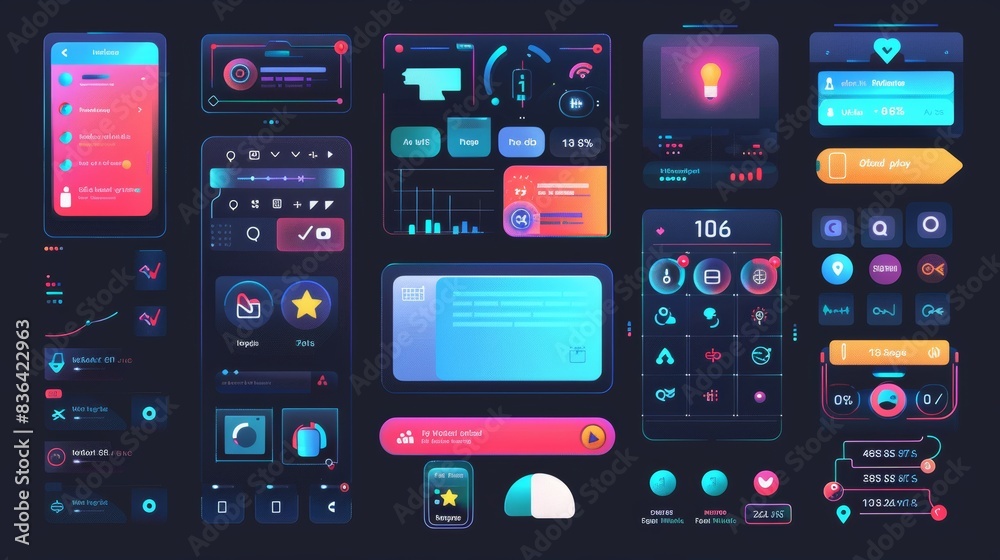 User interface elements set for messenger mobile app. Kit template with HUD diagrams, navigation ...