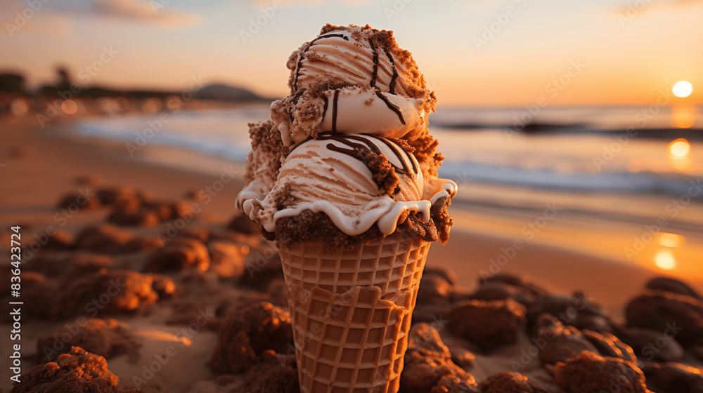 Glace dans un cornet. Glace au chocolat, vanille, café sur un arrière ...