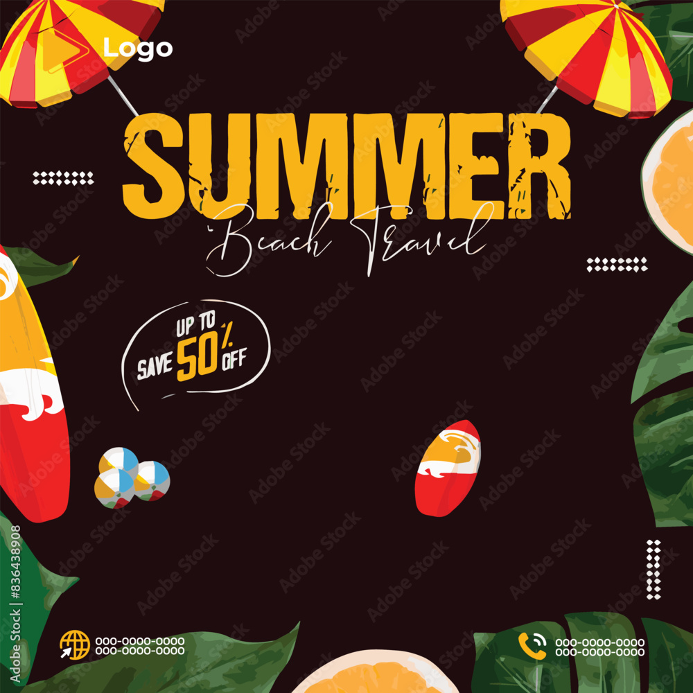 Flyer for summer party time with a picture of a beach and a woman on ...