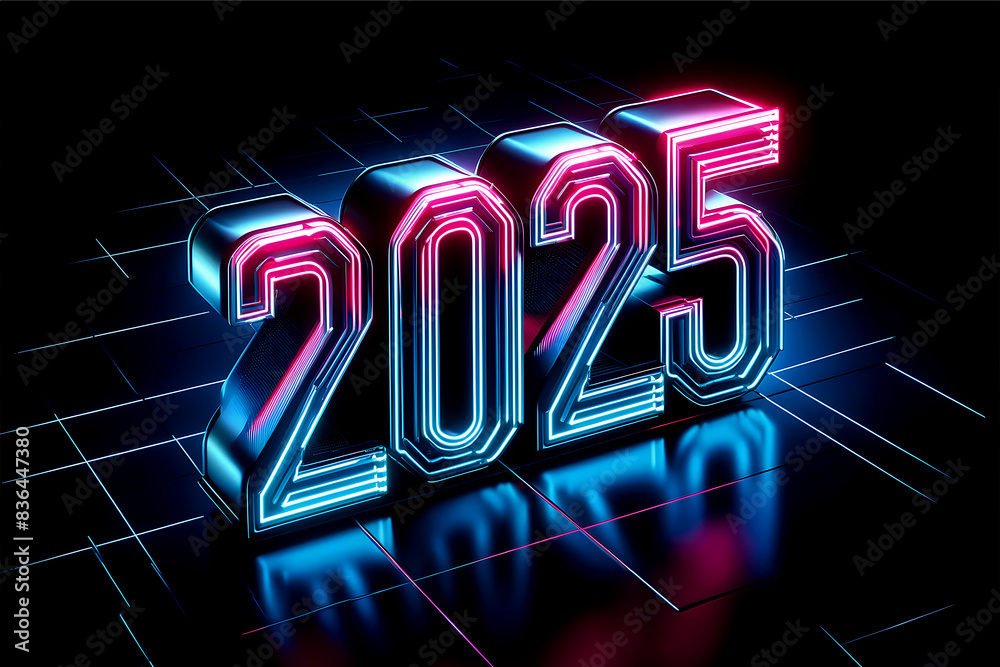New Year Futuristic Neon 2025 Signage, Glowing 2025 on Digital Grid ...