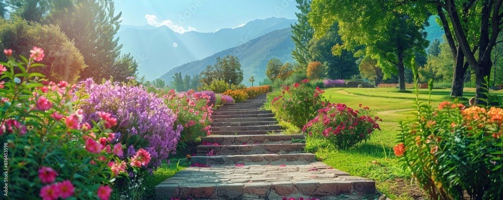 Beautiful flower garden with colorful flowers and trees, stone steps ...
