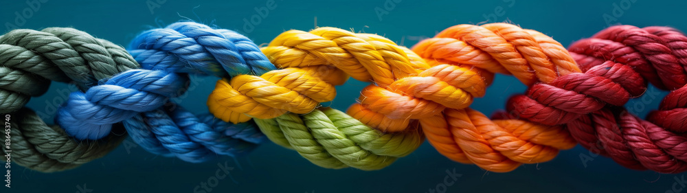 concept to improve cooperation, cohesion of colorful ropes in a team ...