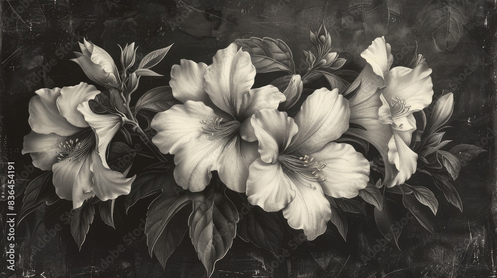 Nostalgic old engraving, delicate flowers immortalized in intricate ...